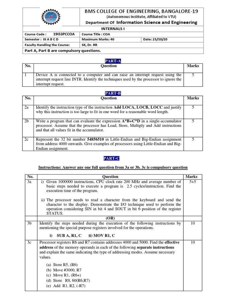 Coa Test 1 Paper Set B 2020-21 | Download Free PDF | Central Processing ...