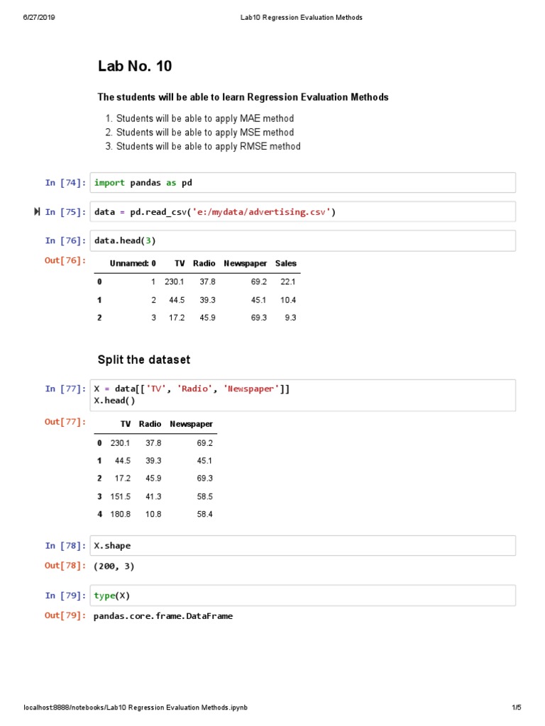 Lab10 Regression Evaluation Methods | PDF | Mean Squared Error | Errors And Residuals