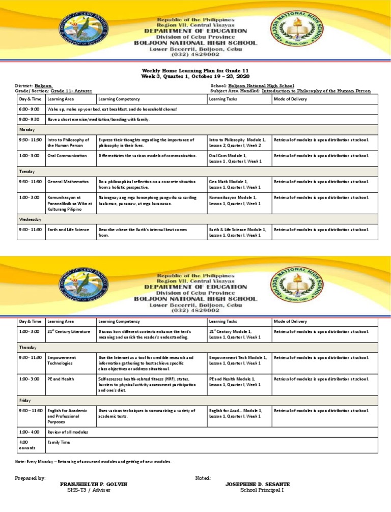 Weekly Home Learning Plan - Week3 | PDF | Behavior Modification ...