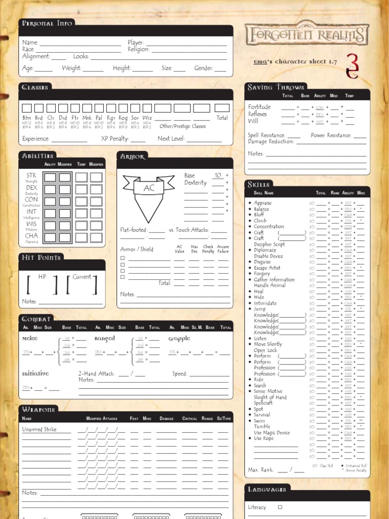 Forgotten Realms 3.5E Character Sheet 1.7 | PDF | Military Technology | Military Science