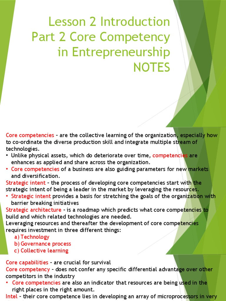 Lesson 2 Introduction Part 2 Core Competency in Entrepreneurship NOTES ...