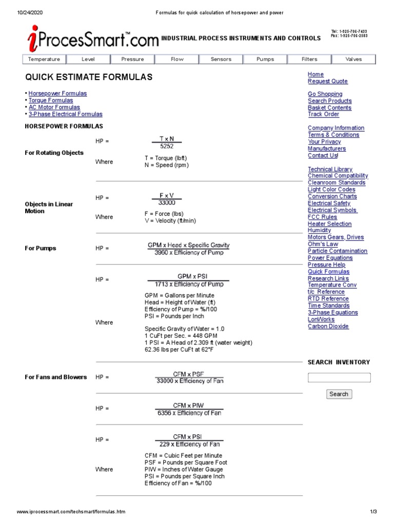 Quick Formulas | PDF | Horsepower | Torque