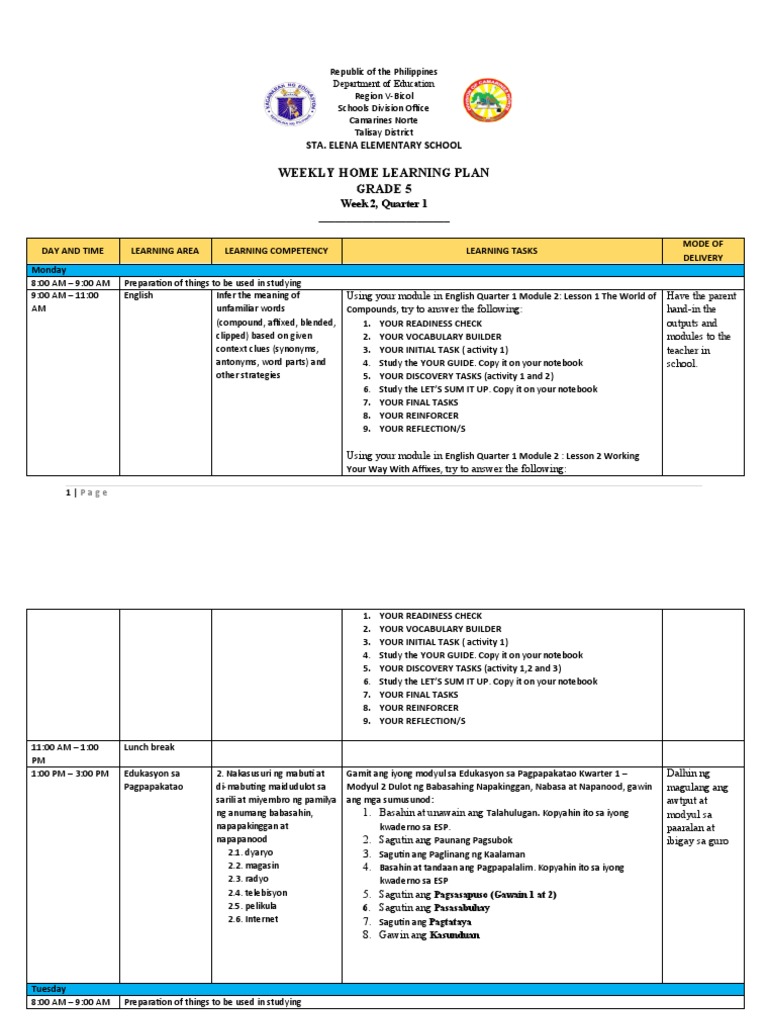 Weekly Home Learning Plan Grade 5: Sta. Elena Elementary School | PDF ...