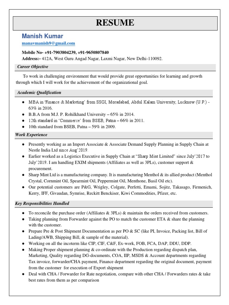 1575455564850resume Manish PDF | Download Free PDF | Trade | Business Process