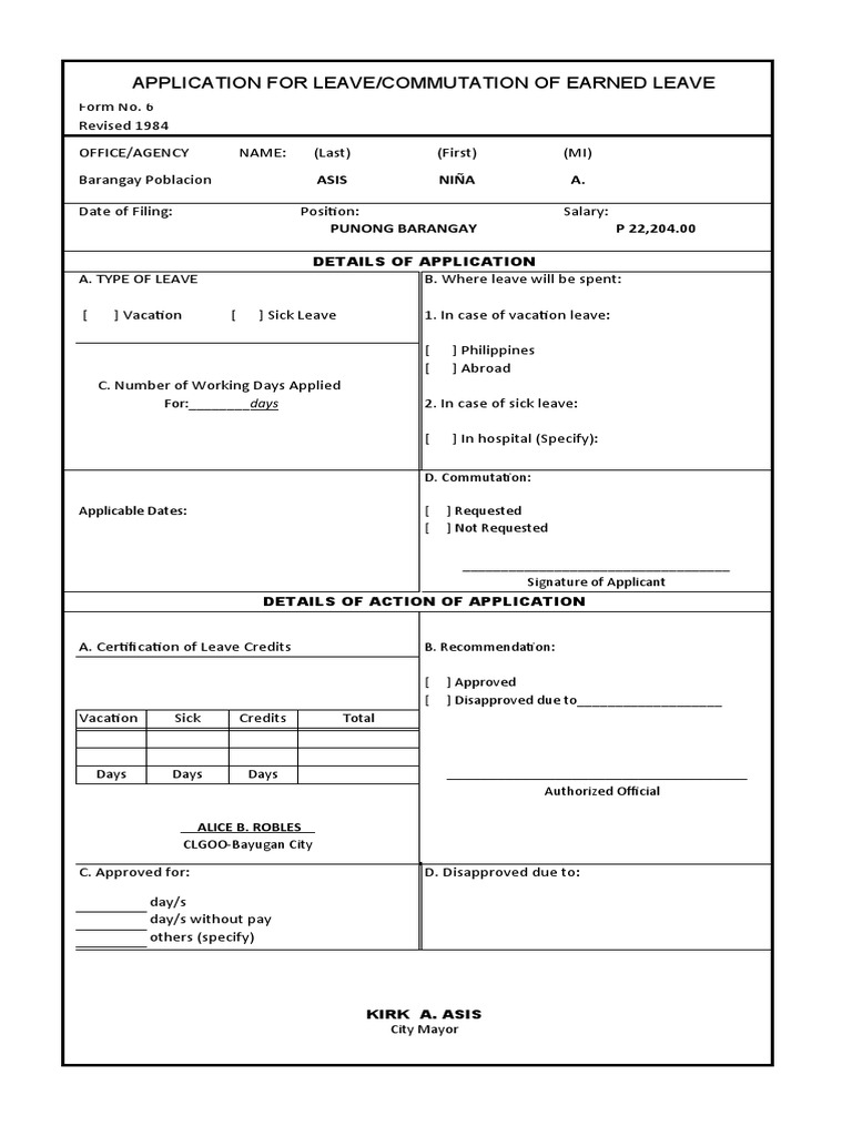 Application For Leave/Commutation of Earned Leave: Asis A. Niña | PDF ...