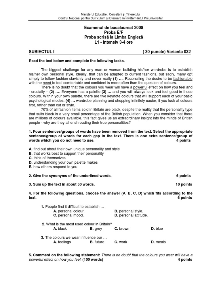 Examenul de Bacalaureat 2008 Proba E/F Proba Scris La Limba Englez L1 - Intensiv 3-4 Ore ...
