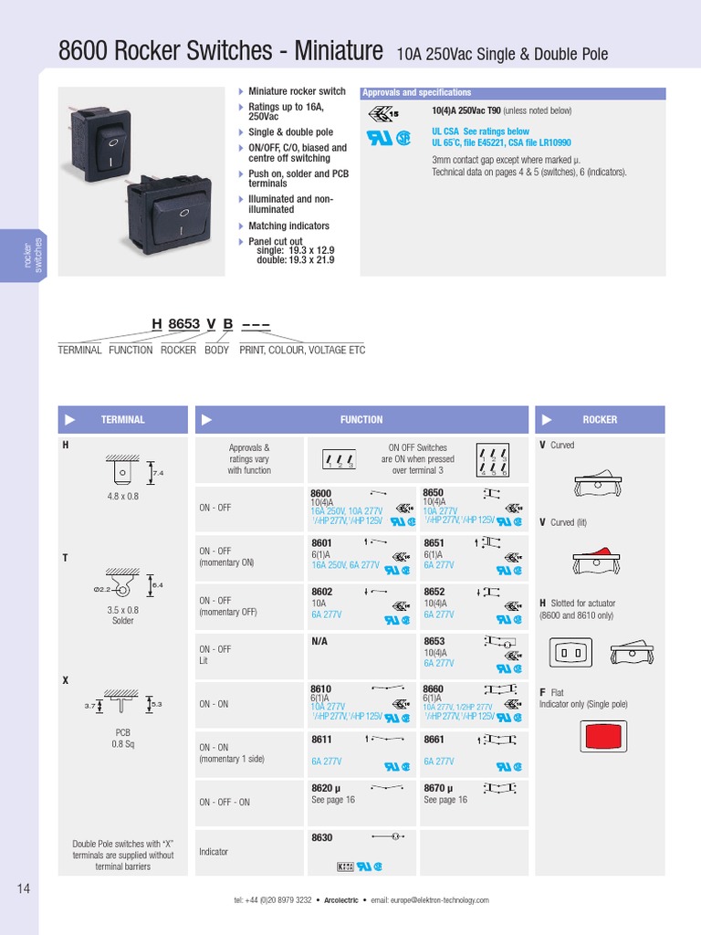 8600 Rocker Switches - Miniature: 10A 250vac Single & Double Pole | PDF ...
