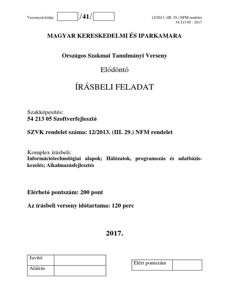 2017 Szoftverfejleszt - Feladatsor | PDF