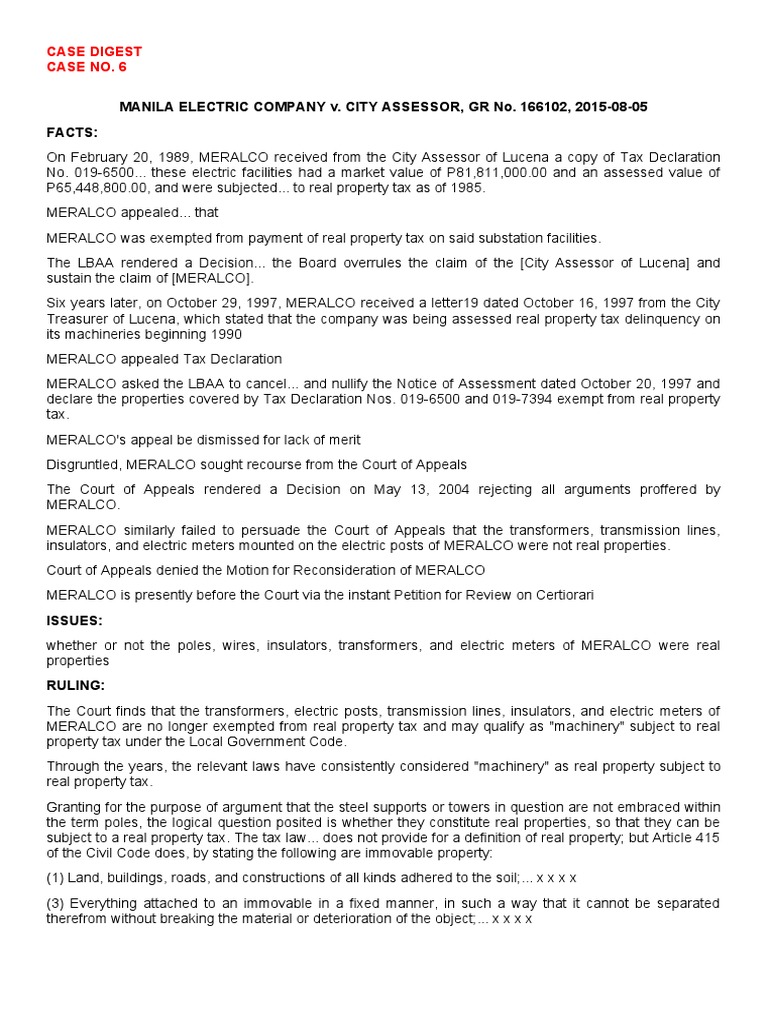 CASE DIGEST - MANILA ELECTRIC COMPANY v. CITY ASSESSOR | PDF | Property ...