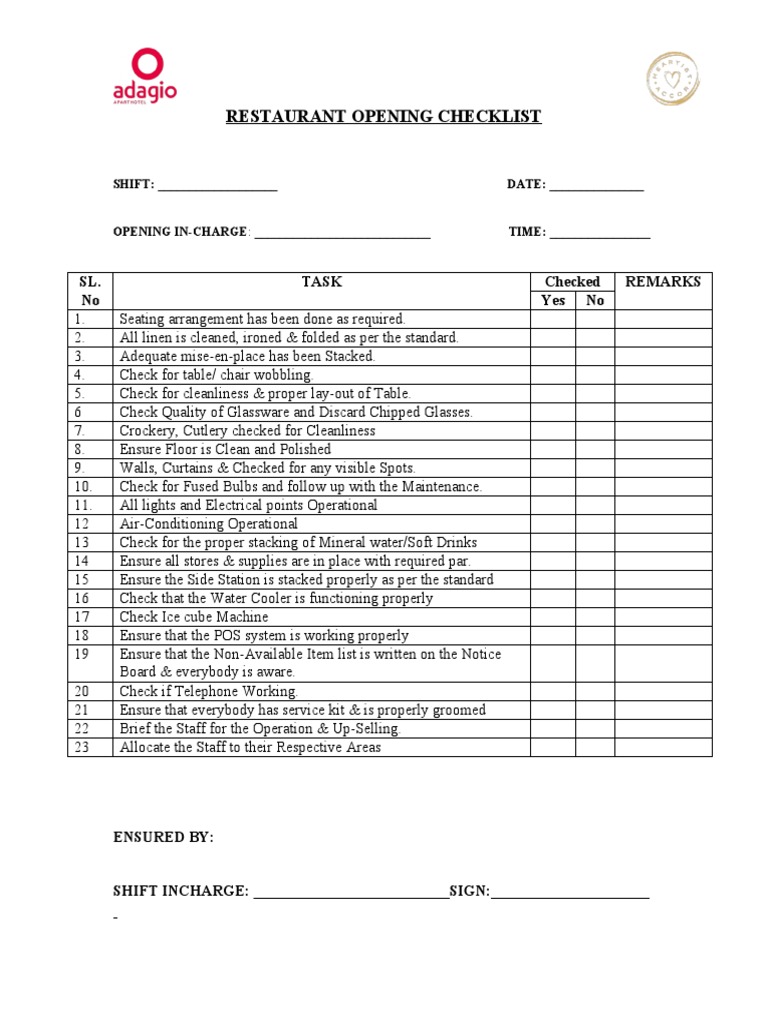 Restaurant Opening & Closing Checklist | PDF | Tableware | Nature