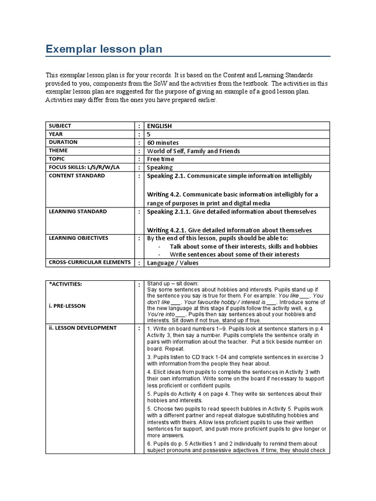 Exemplar Speaking Lesson Plan | PDF | Lesson Plan | Sentence (Linguistics)
