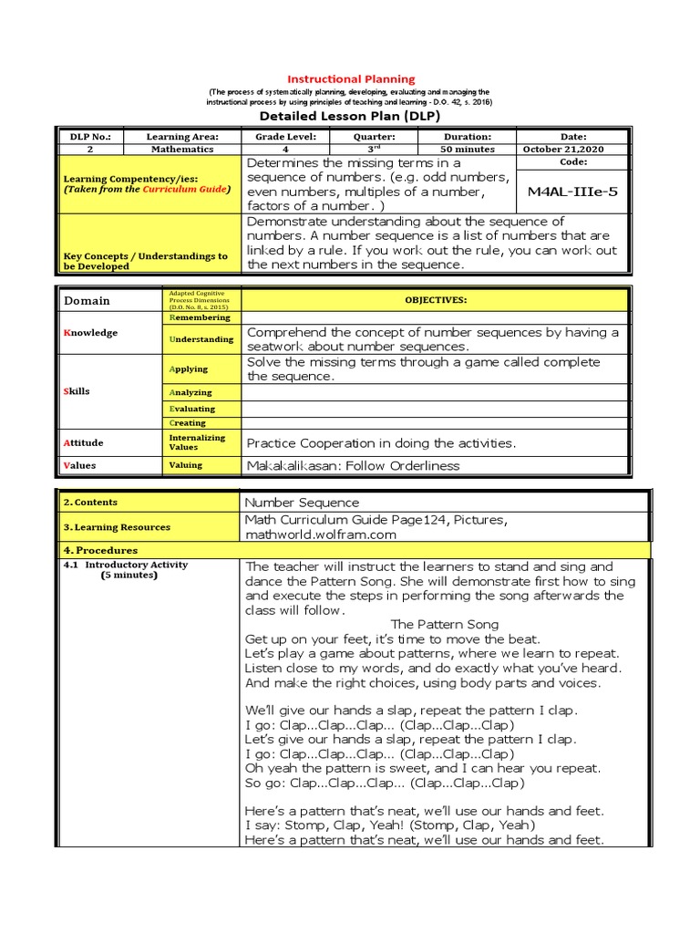 Detailed Lesson Plan (DLP) : Instructional Planning | PDF | Numbers ...