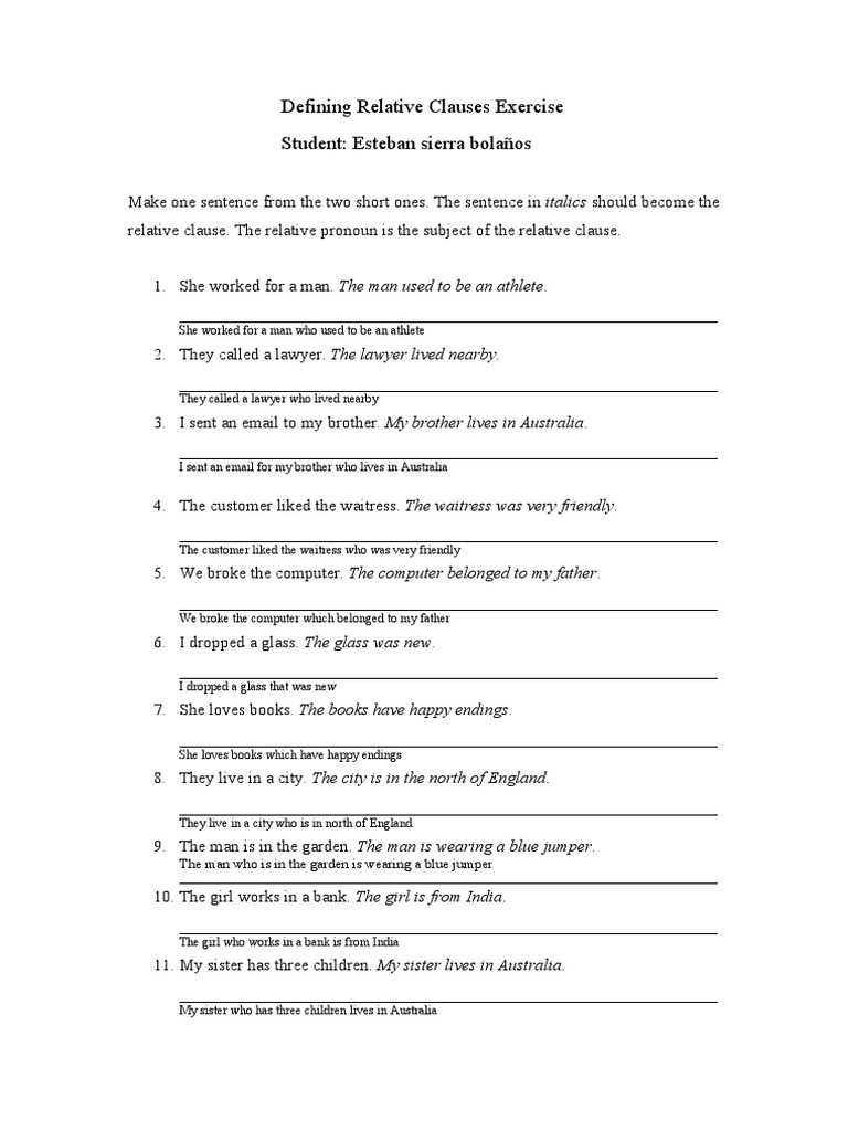 Defining Relative Clauses Exercise Student: Esteban Sierra Bolaños | PDF