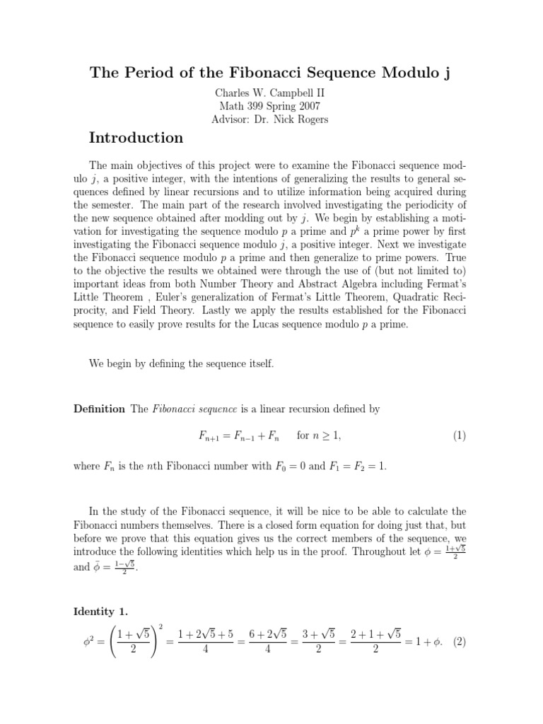 The Period of The Fibonacci Sequence Modulo J | PDF | Sequence | Square ...