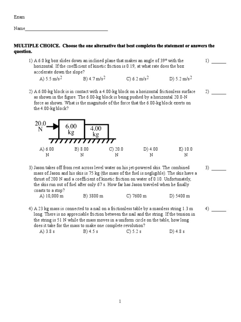 Physics Exam Multiple Choice Questions | PDF | Friction | Force