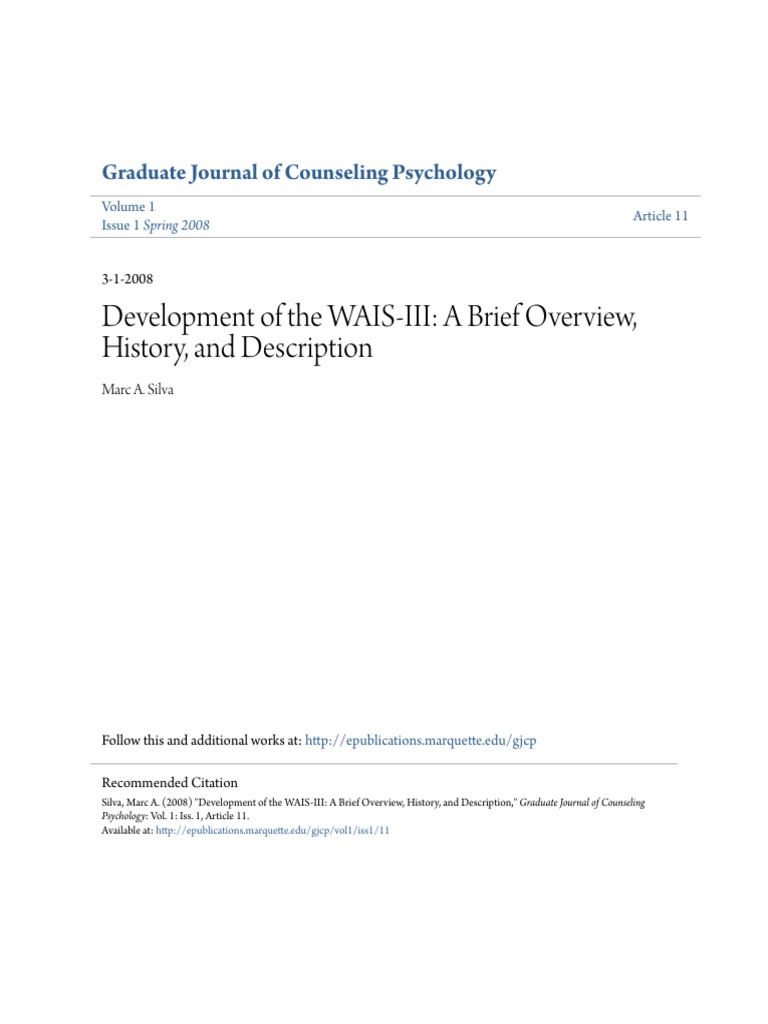 Development of The WAIS-III - A Brief Overview History and Descr PDF ...