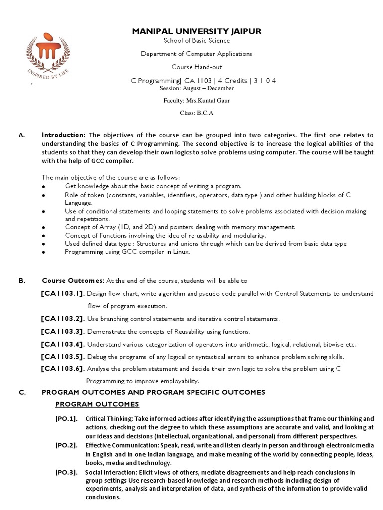 Manipal University Jaipur: Object Orient C Programming - CA 1103 - 4 Credits - 3 1 0 4 ...