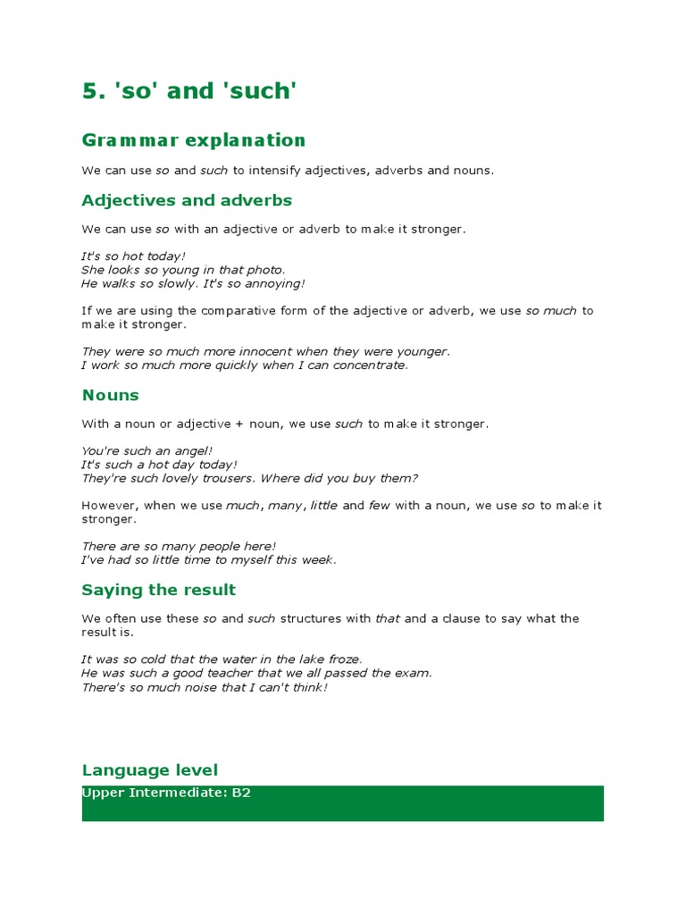 'So' and 'Such': Grammar Explanation | PDF