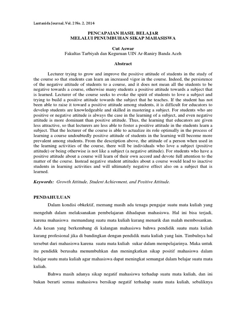Pencapaian Hasil Belajar Melalui Penumbuhan Sikap Mahasiswa Cut Aswar | PDF | Applied Psychology ...