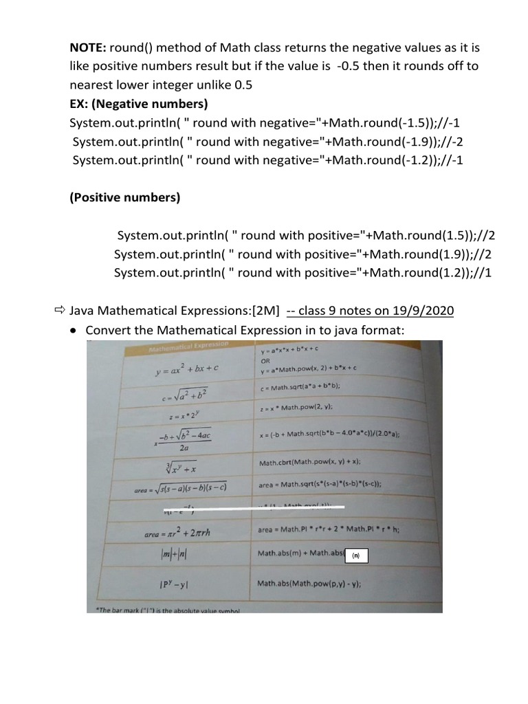 Java Mathematical Expressions Notes On 19-9-20 Class9 PDF | PDF