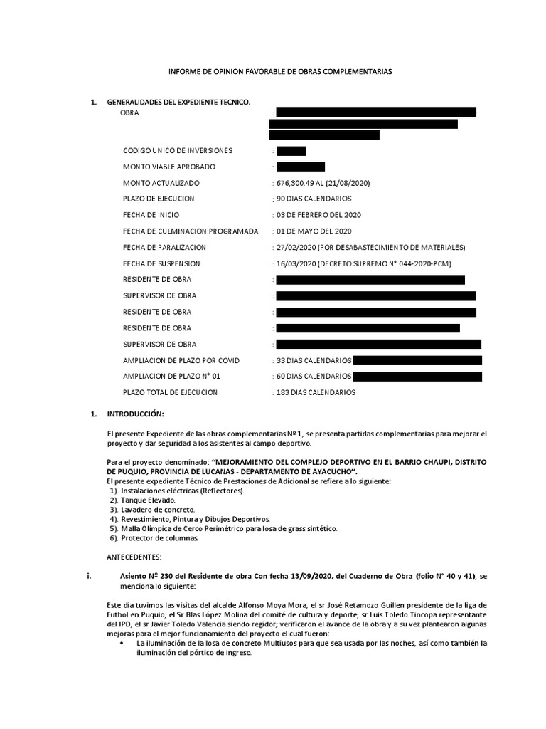 Informe de Opinion Favorable de Obras Complementarias | PDF | Presupuesto | Naturaleza