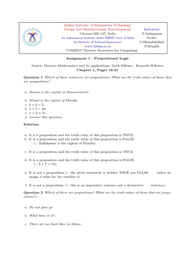 Assignment 1 Propositional Logic | PDF | If And Only If | Truth