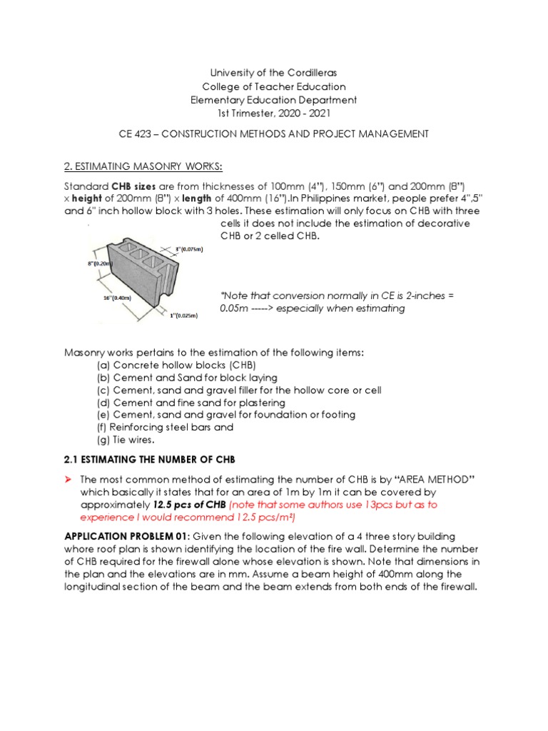 CHB Dimensions and Estimation Guide | PDF | Masonry | Mortar (Masonry)