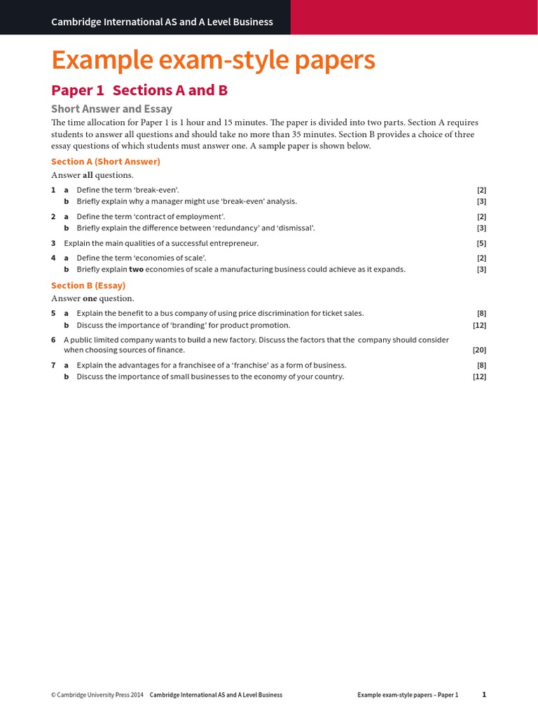 Example Exam-Style Papers: Paper 1 Sections A and B | PDF