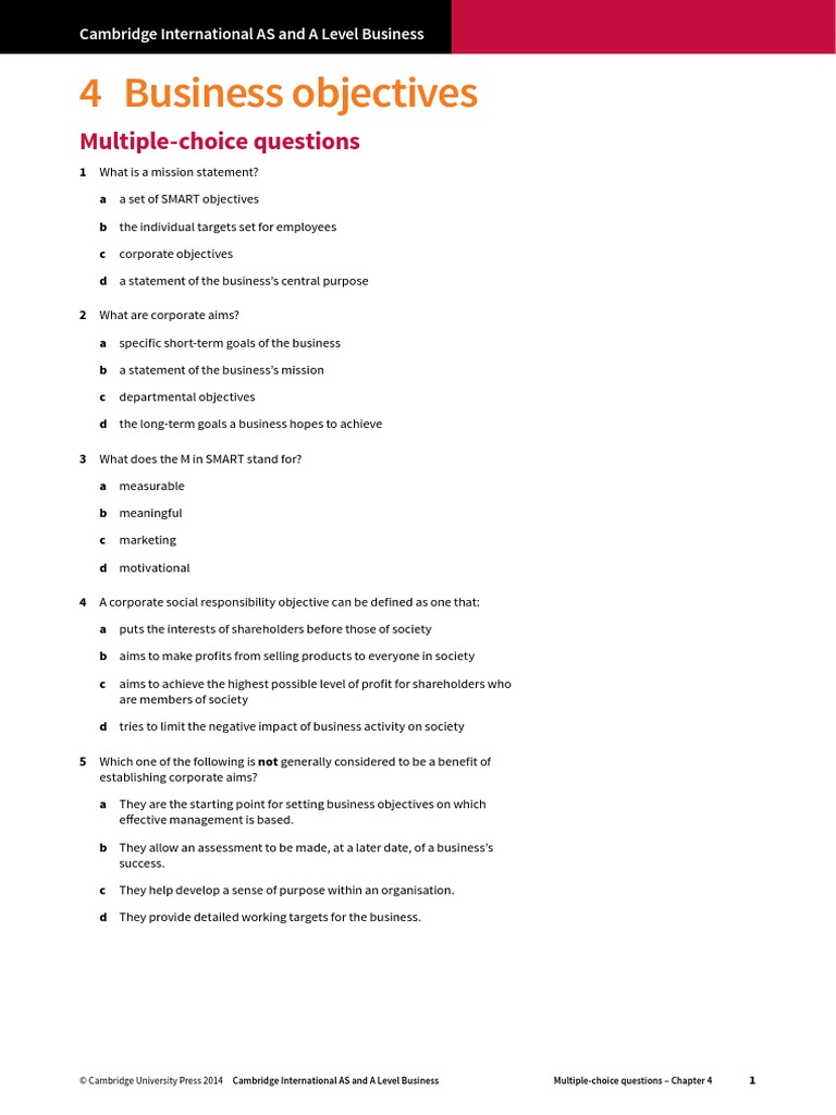 4 Business Objectives: Multiple-Choice Questions | PDF | Goal ...