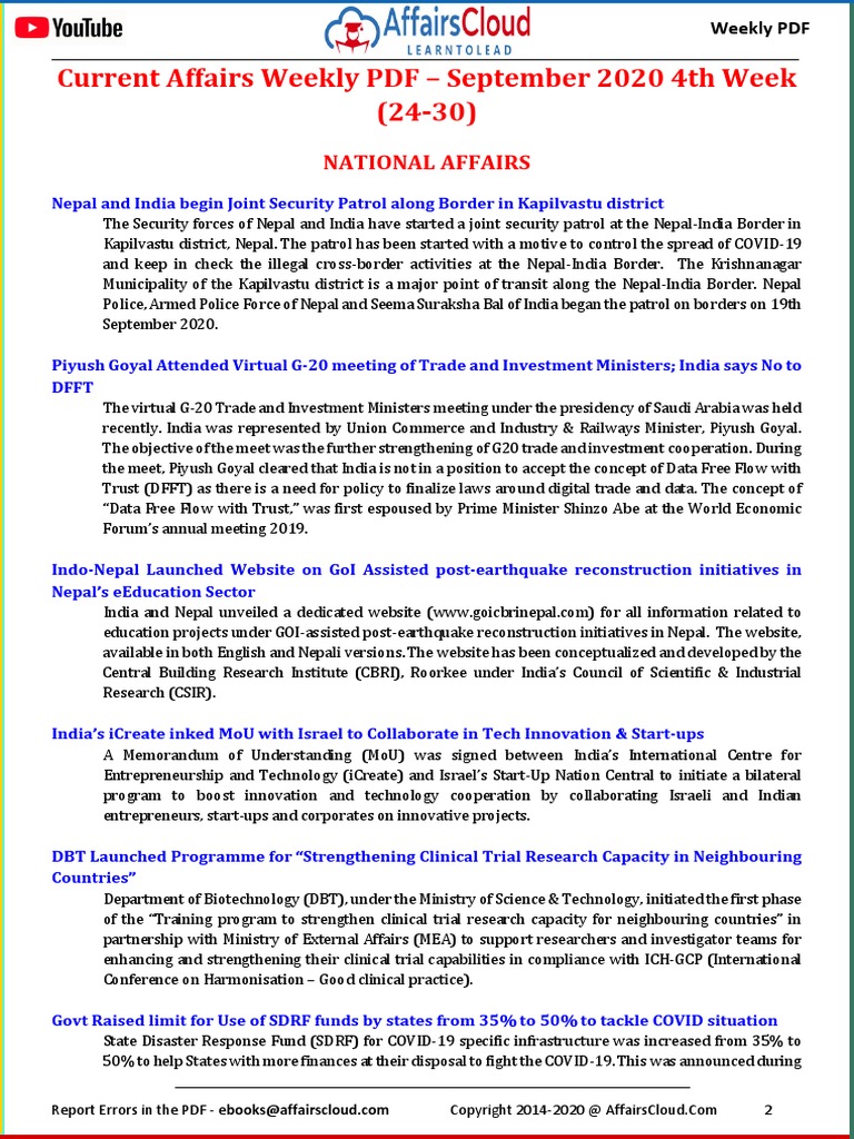 Current Affairs Weekly PDF - September 2020 4th Week (24-30) by ...