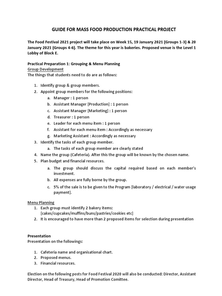 Guide For Mass Food Production Practical Project (Food Festival 2020 ...