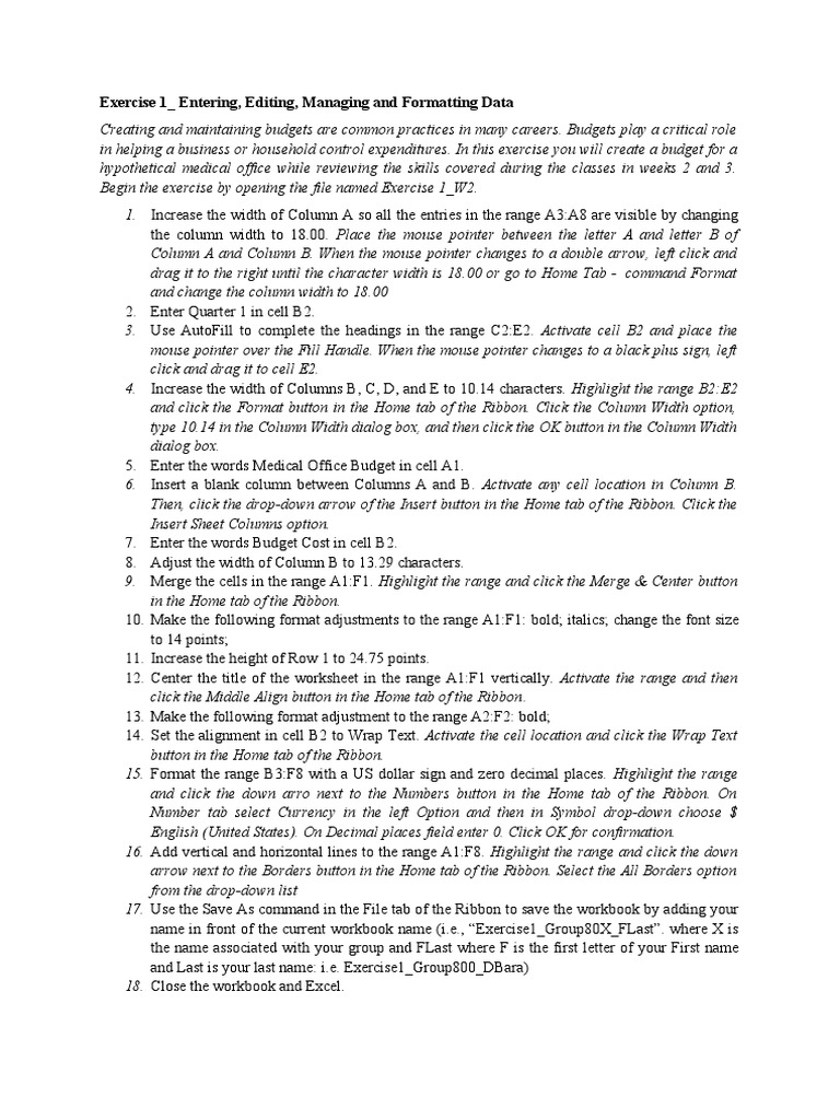 Exercise 1 - Entering, Editing, Managing and Formatting Data | PDF | Text | Typography