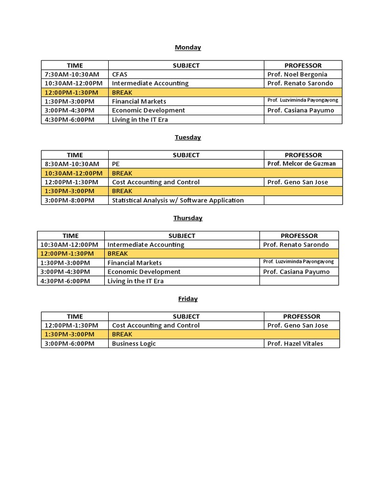 Weekly College Class Schedule | PDF