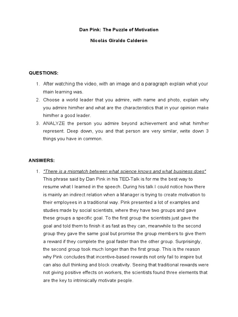 Dan Pink: The Puzzle of Motivation Nicolás Giraldo Calderón | PDF ...