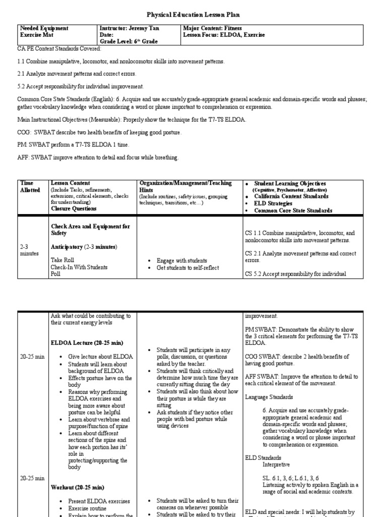 Eldoa Lesson Plan | PDF | Reading Comprehension | Lesson Plan