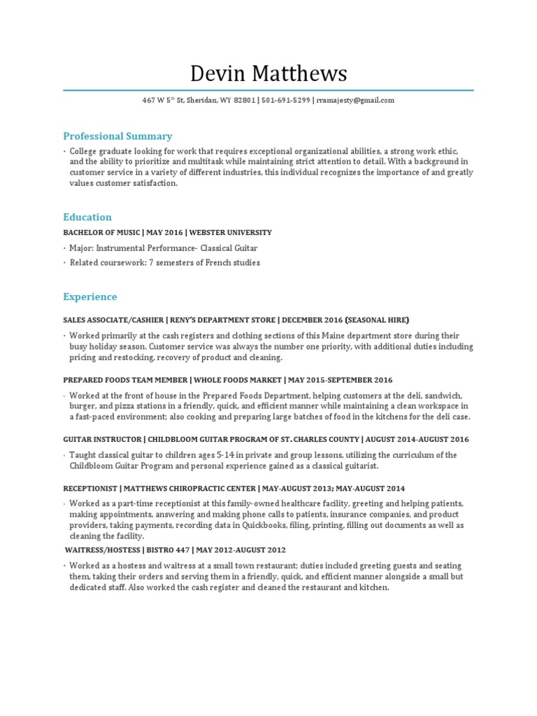 Devin Matthews Resume | PDF | Restaurant And Catering | Business