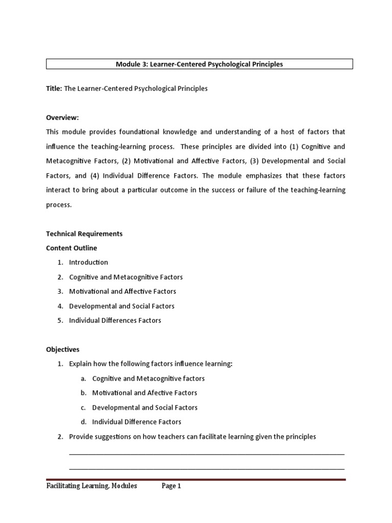 Module 3: Learner-Centered Psychological Principles: Facilitating ...