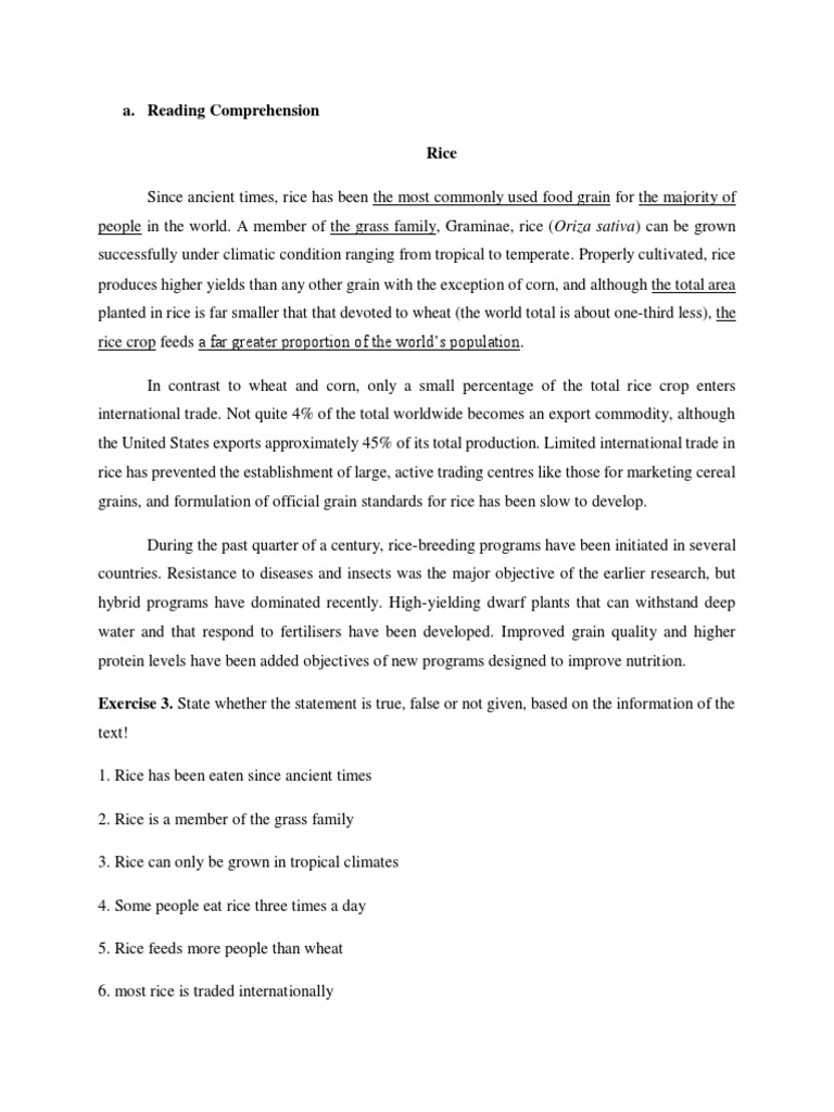 A. Reading Comprehension Rice | PDF | Cereals | Rice