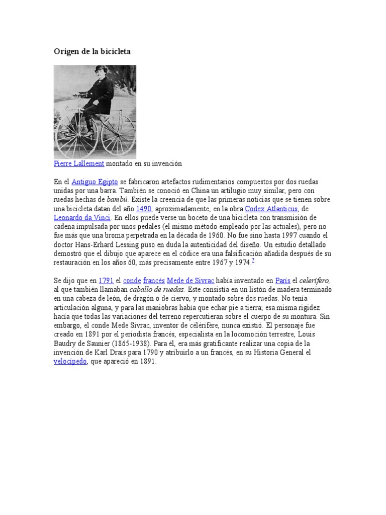 Orígenes de la bicicleta y Pierre Lallement | PDF