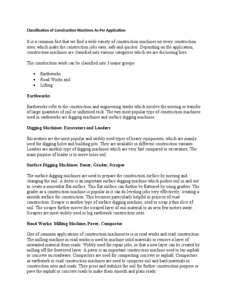 Classification of Construction Machines As Per Application | PDF ...