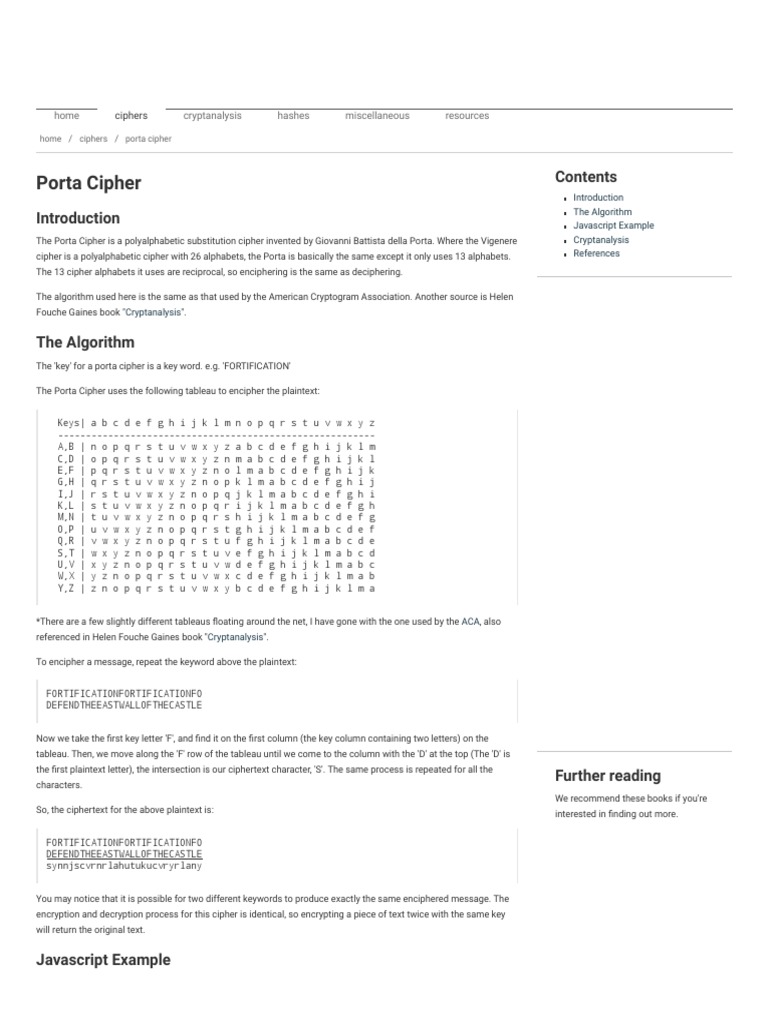 Porta Cipher: Ciphers | PDF | Cipher | Cryptanalysis