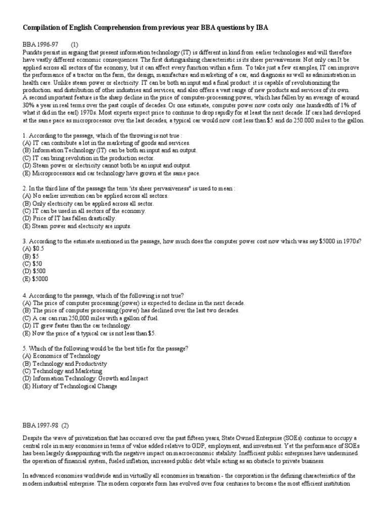 Compilation of English Comprehension From Previous Year BBA Questions ...