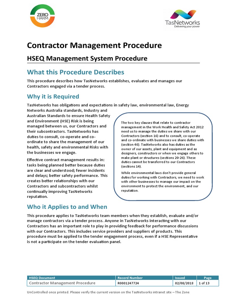 Contractor Management Procedure | PDF | General Contractor ...