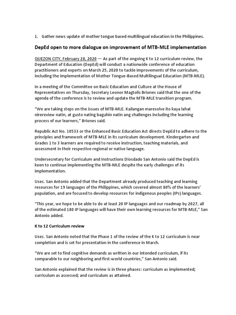 Deped Open To More Dialogue On Improvement of Mtb-Mle Implementation ...