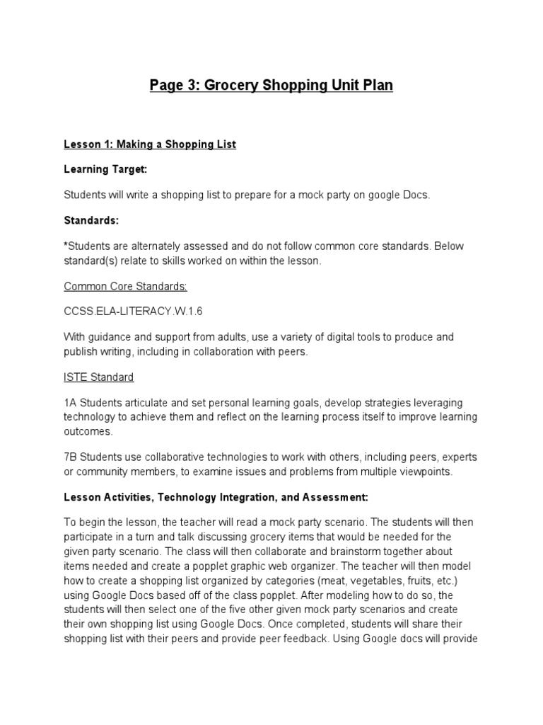 Grocery Shopping Skills Unit Plan | PDF | Common Core State Standards ...