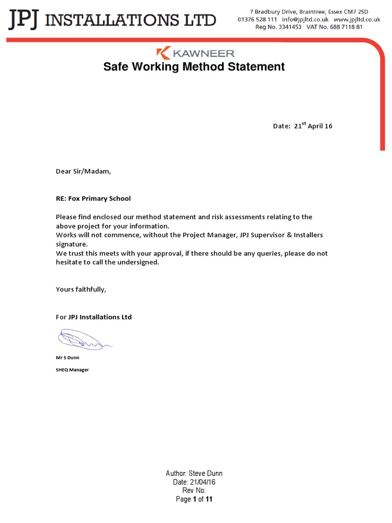 Safe Working Method Statement for Fox School | PDF | Personal ...