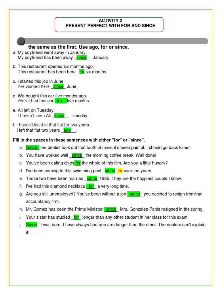 Activity 2 Present Perfect With For and Since Correction | PDF ...