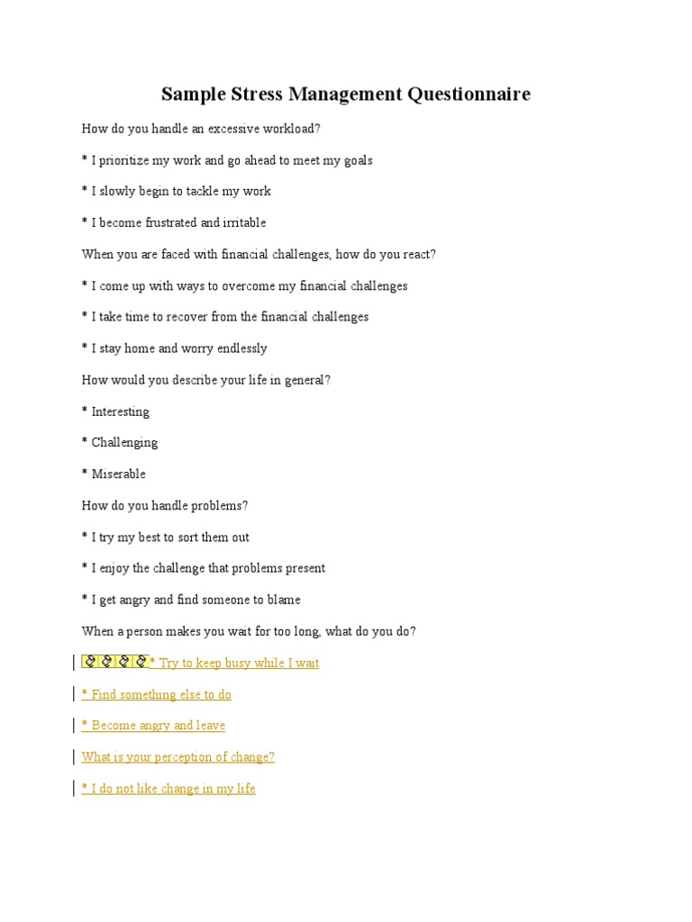 Sample Stress Management Questionnaire | PDF | Stress Management ...