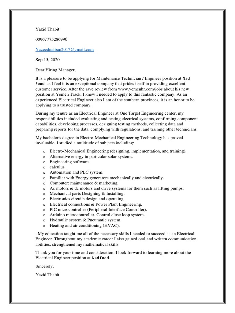Cover Letter - Maintenance Technician Engineer - Yazid Thabit | PDF
