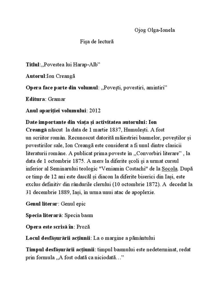 Fisa de Lectura - Povestea Lui Harap Alb | PDF